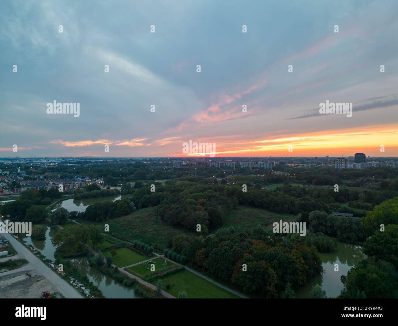 An aerial shot of Rijswijk city at sunset in the Netherlands Stock ...