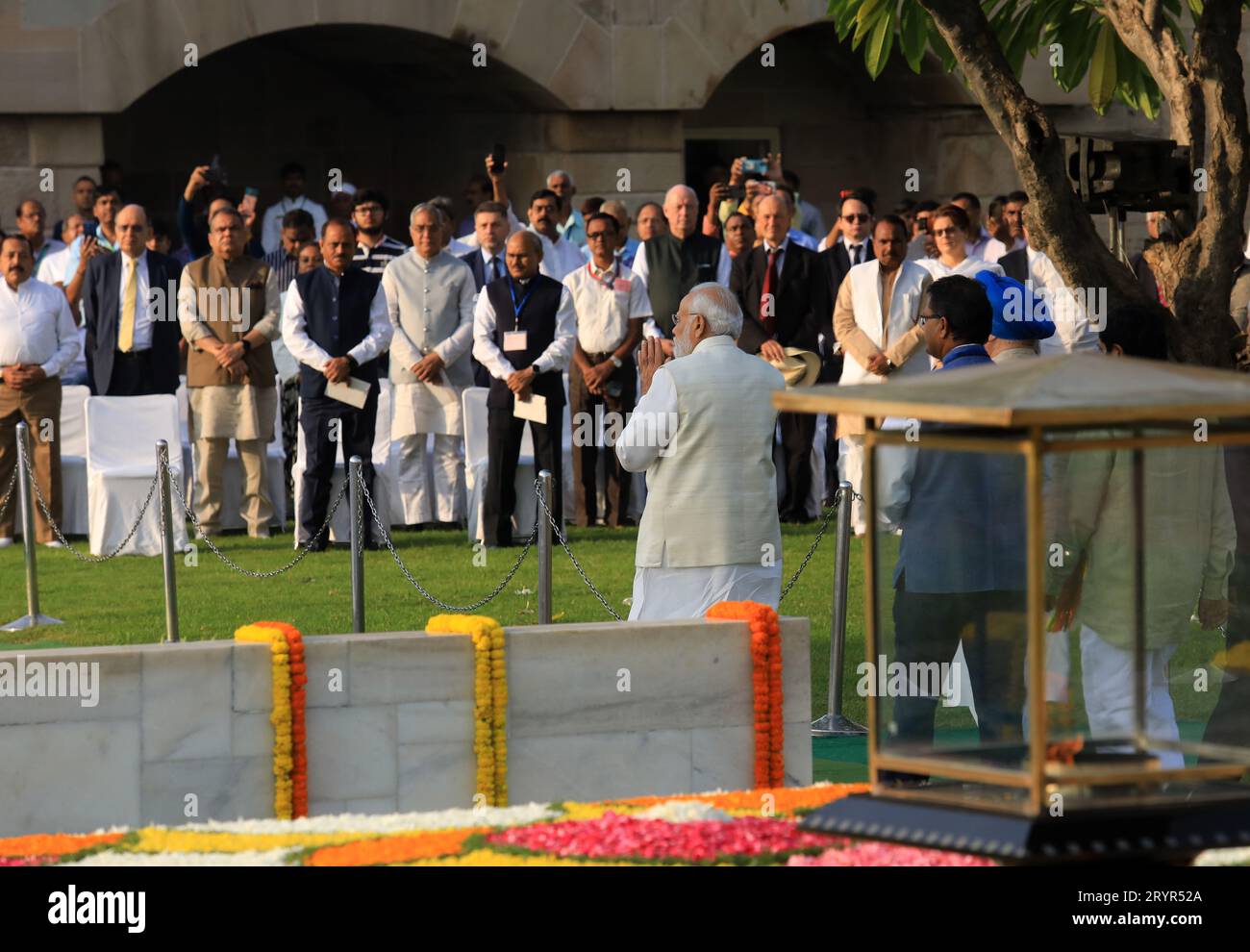 New Delhi, India. 02nd Oct, 2023. Prime Minister Narendra Modi receive greets after paying his ...