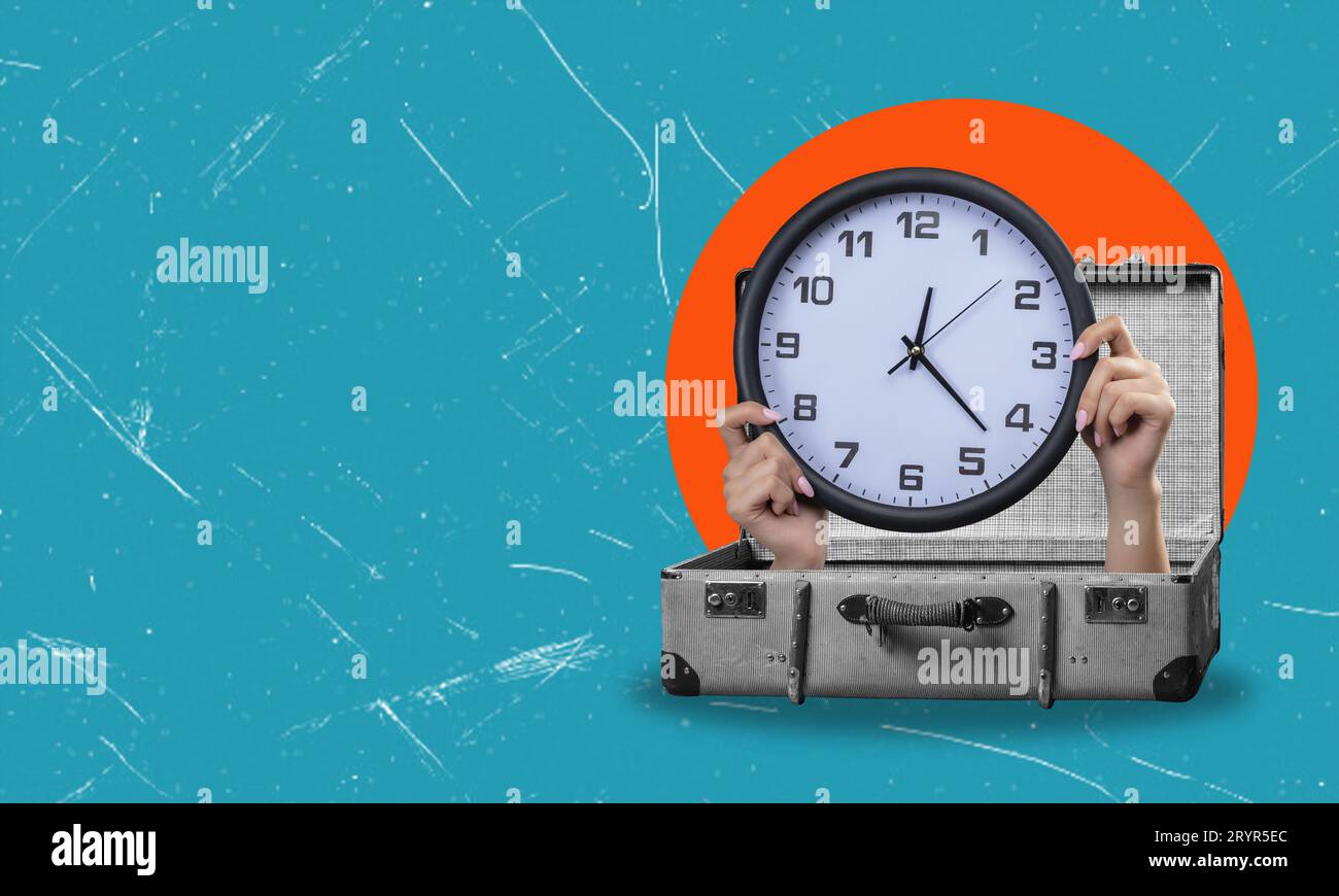 A contemporary artistic collage depicting hands holding mechanical clocks emerging from a ...