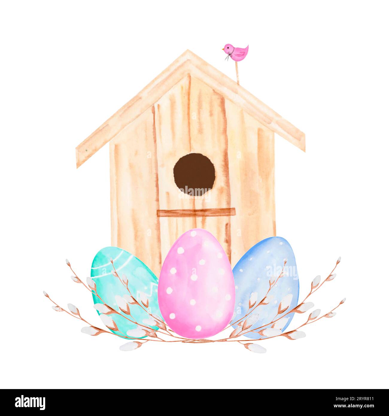 watercolor illustration of Easter house and eggs and willow. cute ...