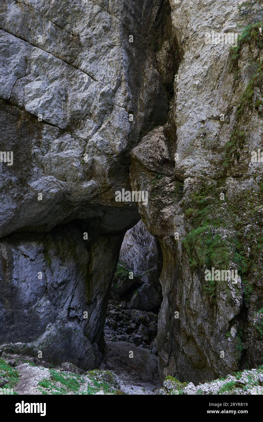 Entrance of a cave dug in a limestone mountain, part of a karst complex ...