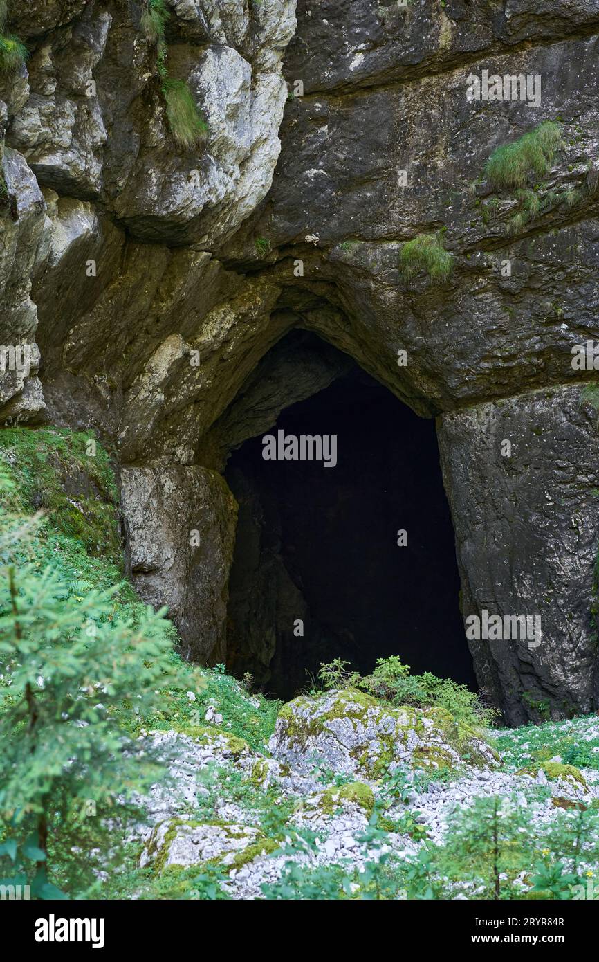 Entrance of a cave dug in a limestone mountain, part of a karst complex ...