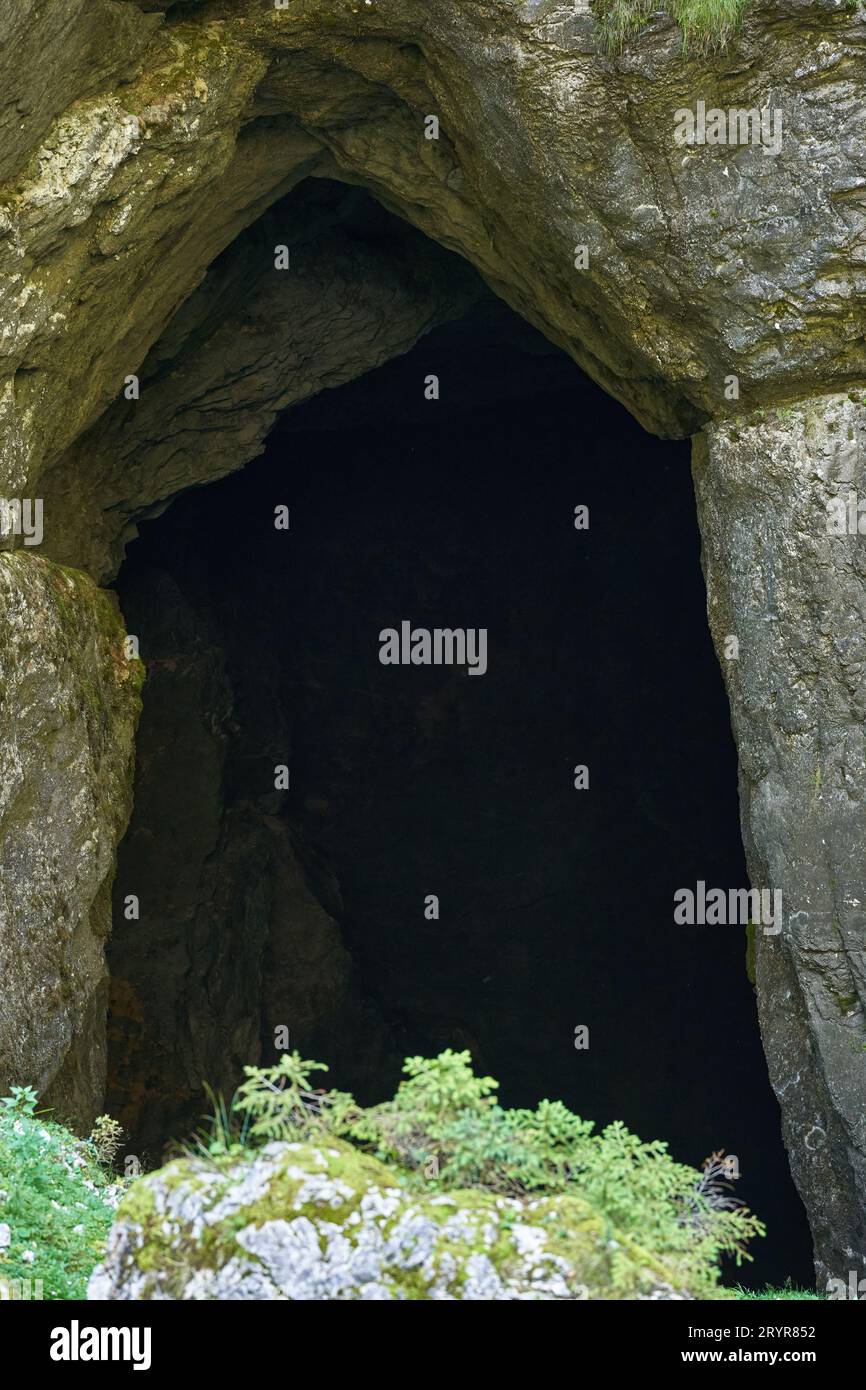 Entrance of a cave dug in a limestone mountain, part of a karst complex ...