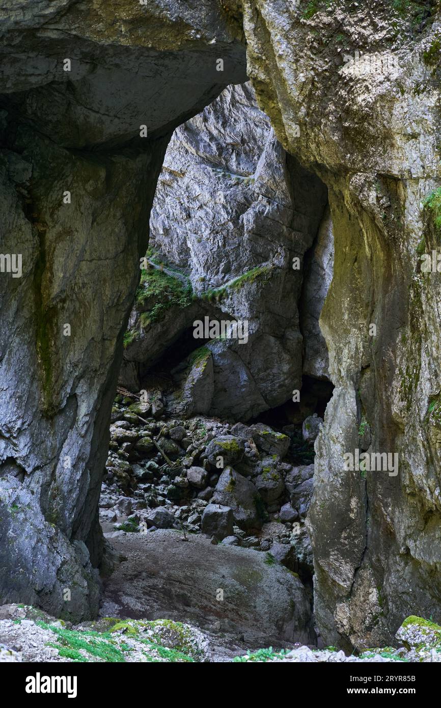 Entrance of a cave dug in a limestone mountain, part of a karst complex ...