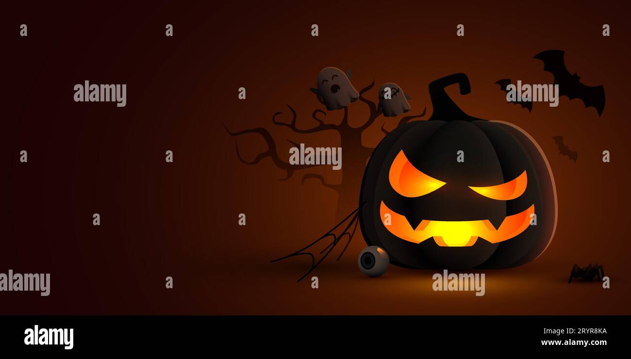 Halloween dark background with pumpkin, bats and ghosts. Vector ...