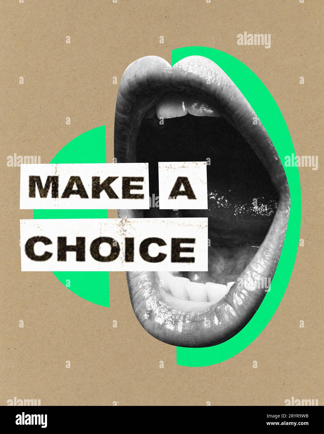 Poster. Contemporary at collage. Cropped human face, lips shouting ...