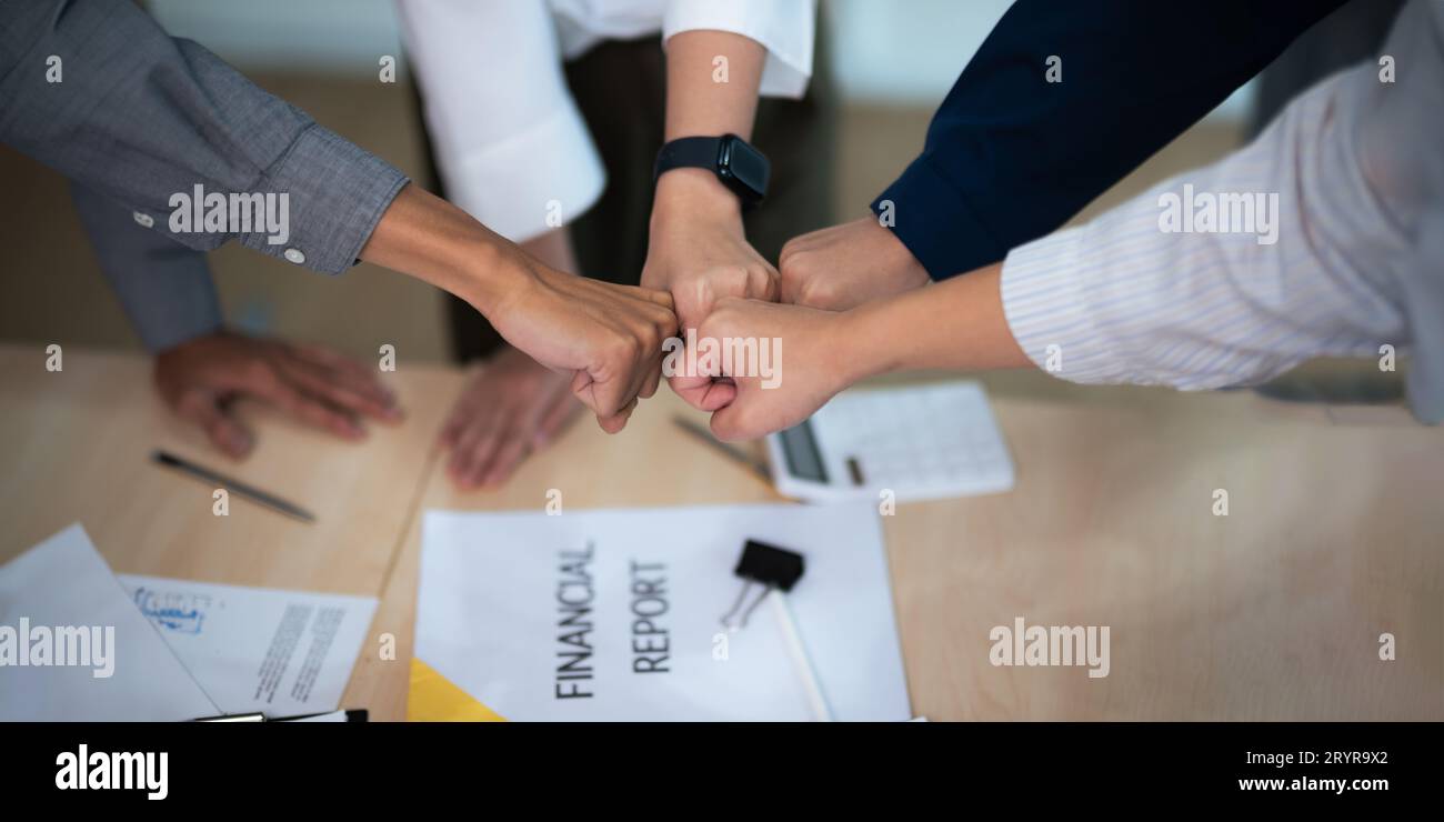 Hands, fist bump and business people, mission and collaboration with support, target goals and ...
