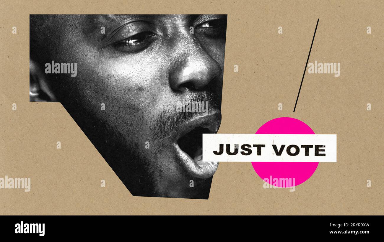 Poster. Contemporary at collage. Cropped human face, who shouting ...