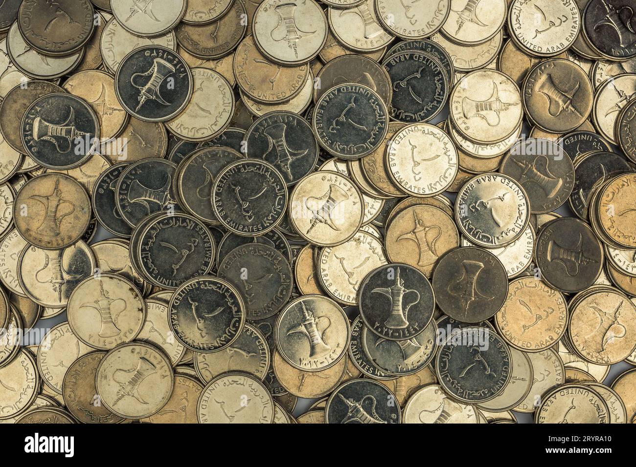 A top-down view of an accumulation of Emirati Dirham coins Stock Photo ...