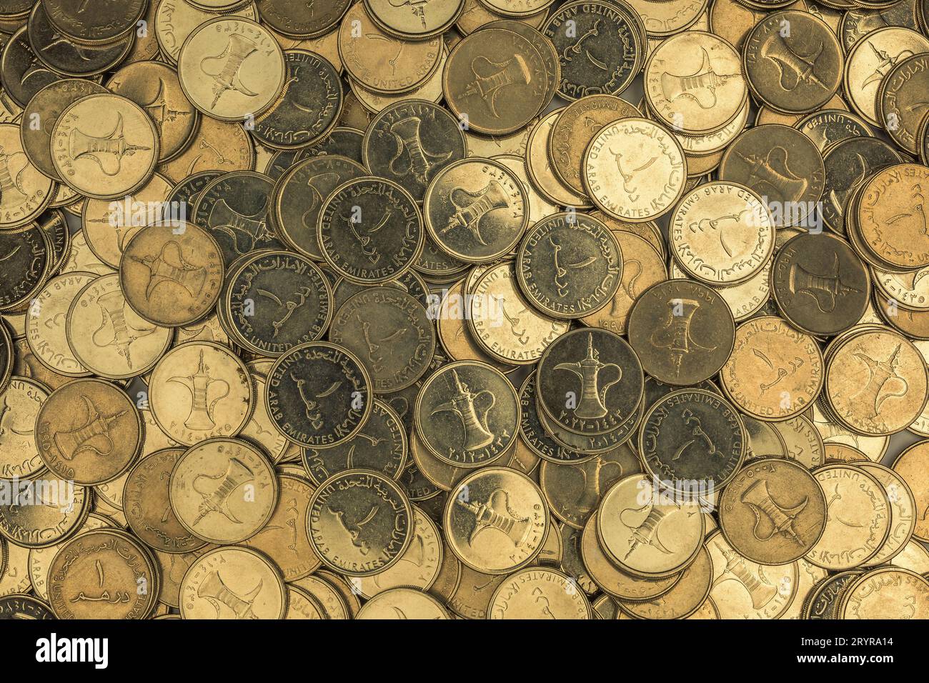 A top-down view of an accumulation of Emirati Dirham coins Stock Photo ...