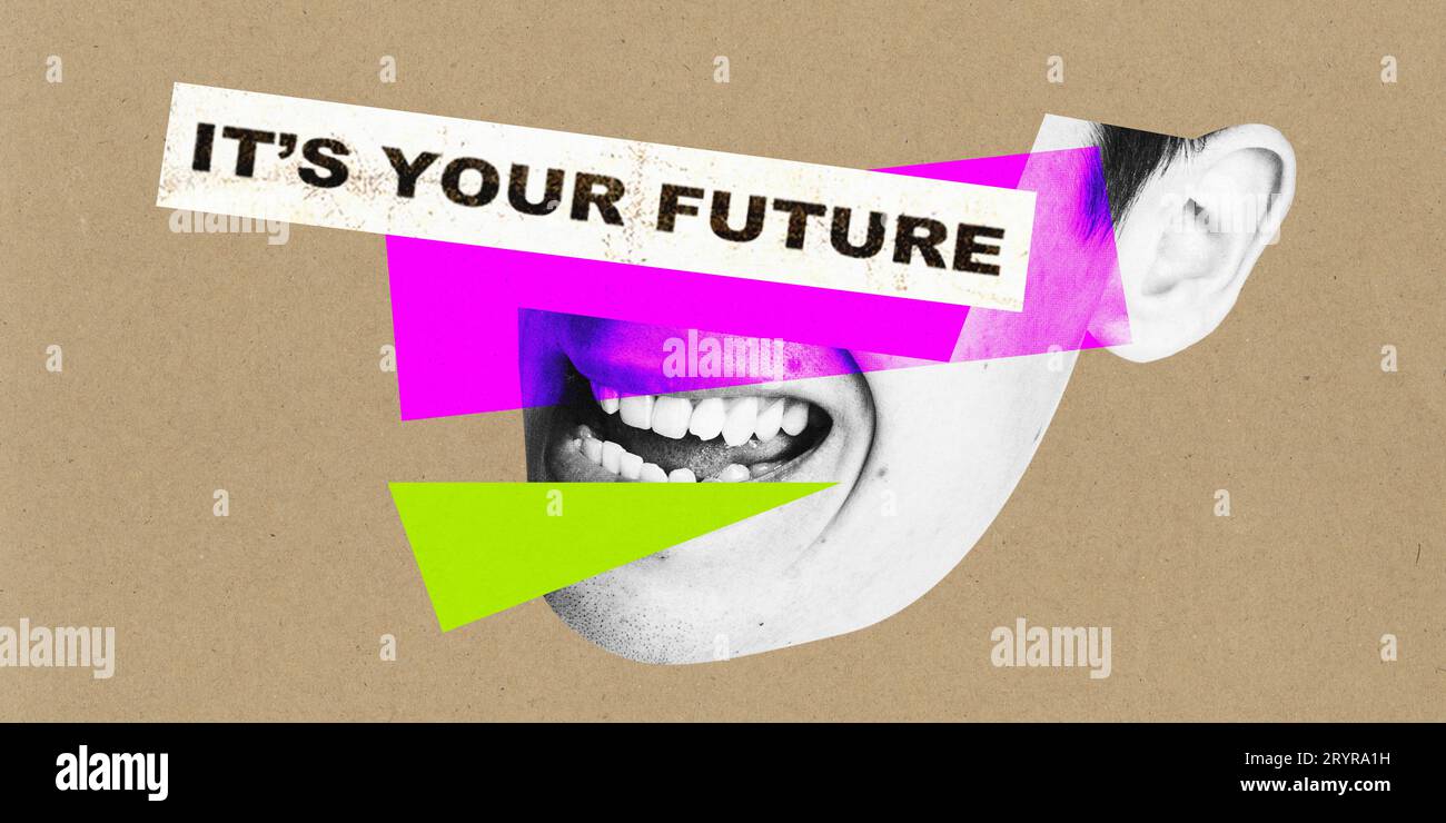 Poster. Contemporary at collage. Cropped monochrome human face with ...
