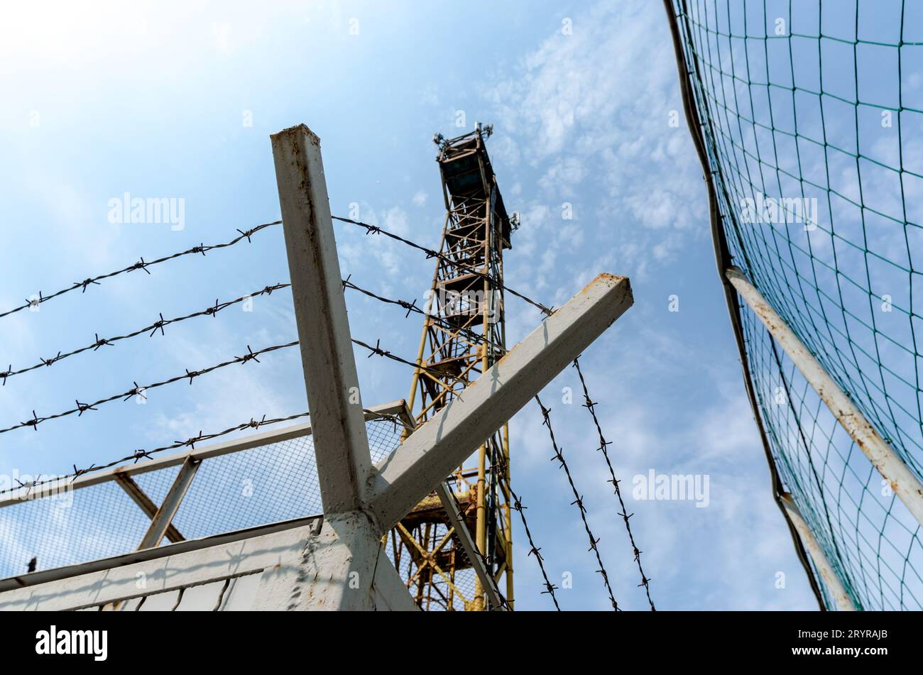 Fence barbed wire and watchtower on the border Ukraine Stock Photo - Alamy