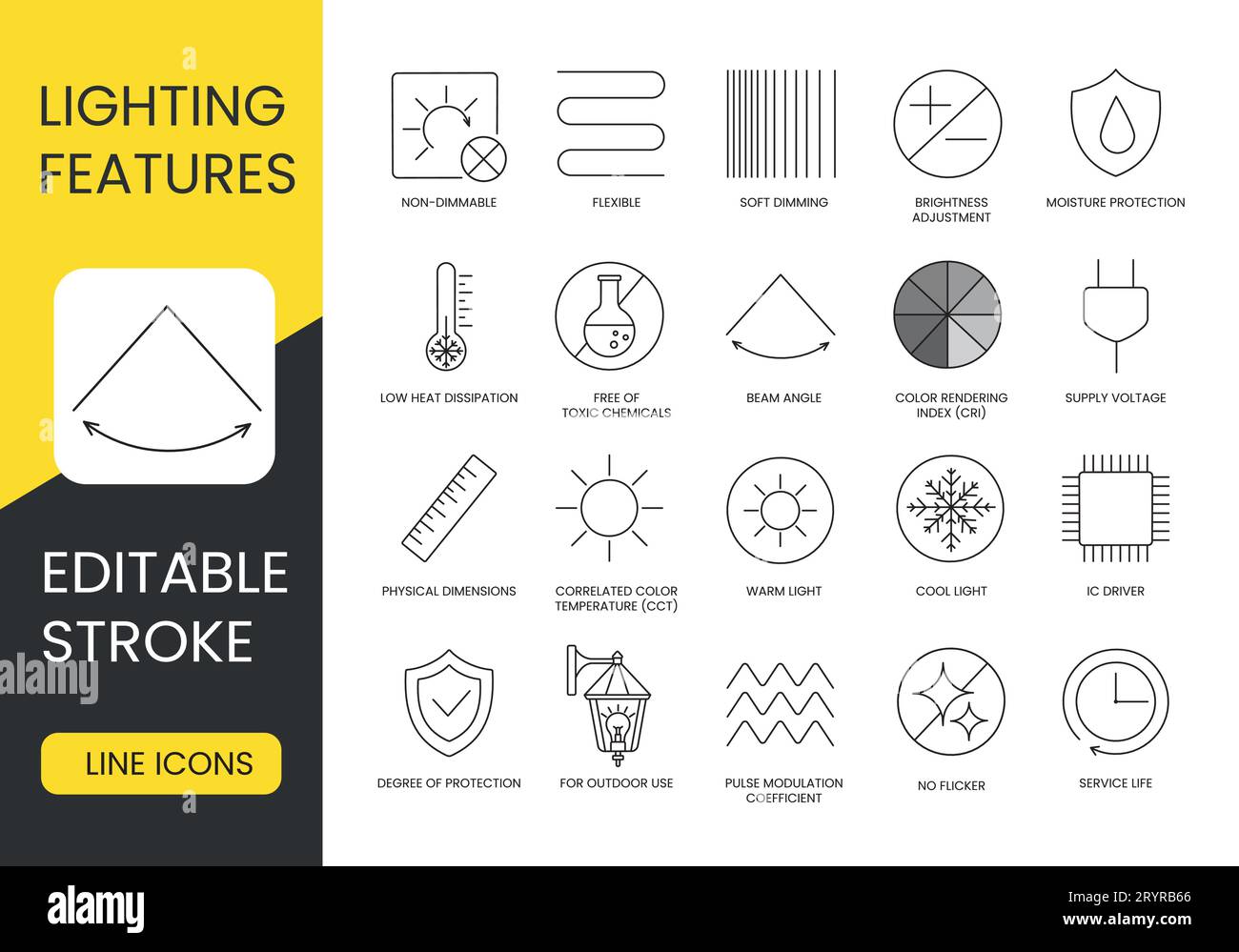Lighting Features, Set of line icons in vector, editable stroke ...