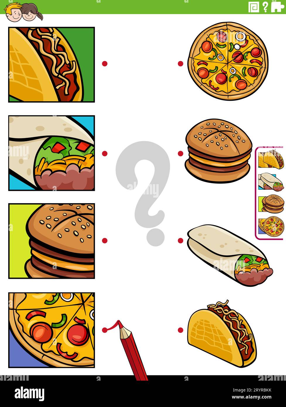 Cartoon illustration of educational matching game with dishes or food ...