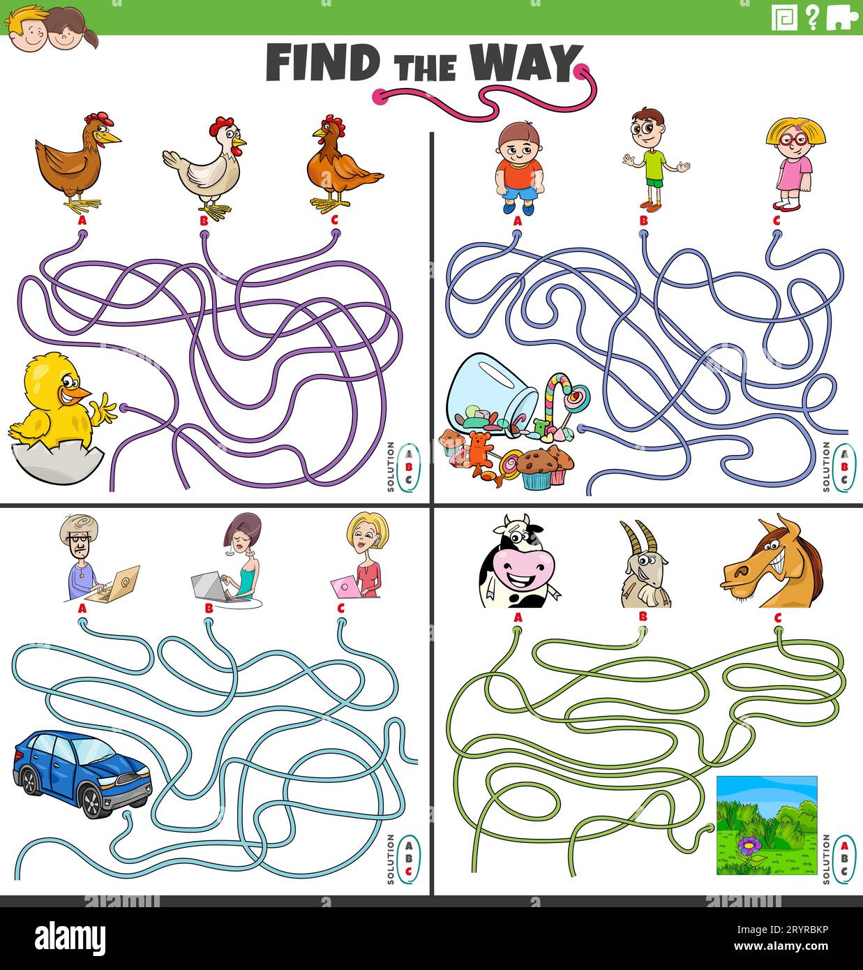 Cartoon illustration of find the way maze puzzle games set with people ...