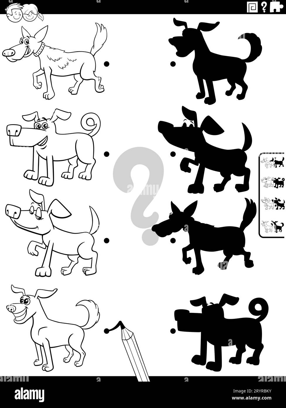 Black and white cartoon illustration of match the right shadows with ...