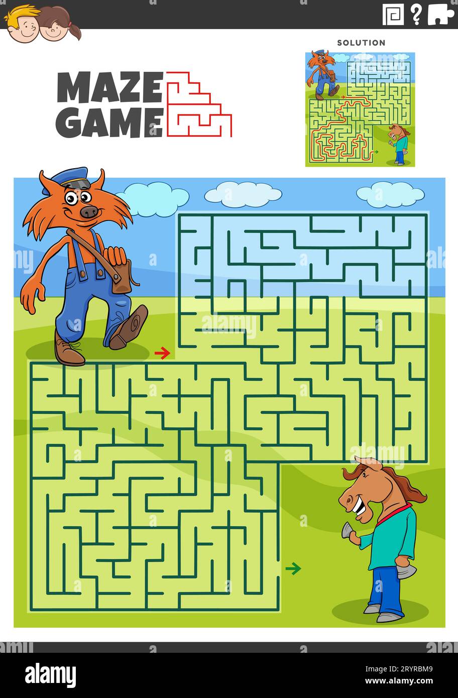 Cartoon illustration of educational maze puzzle activity with funny ...