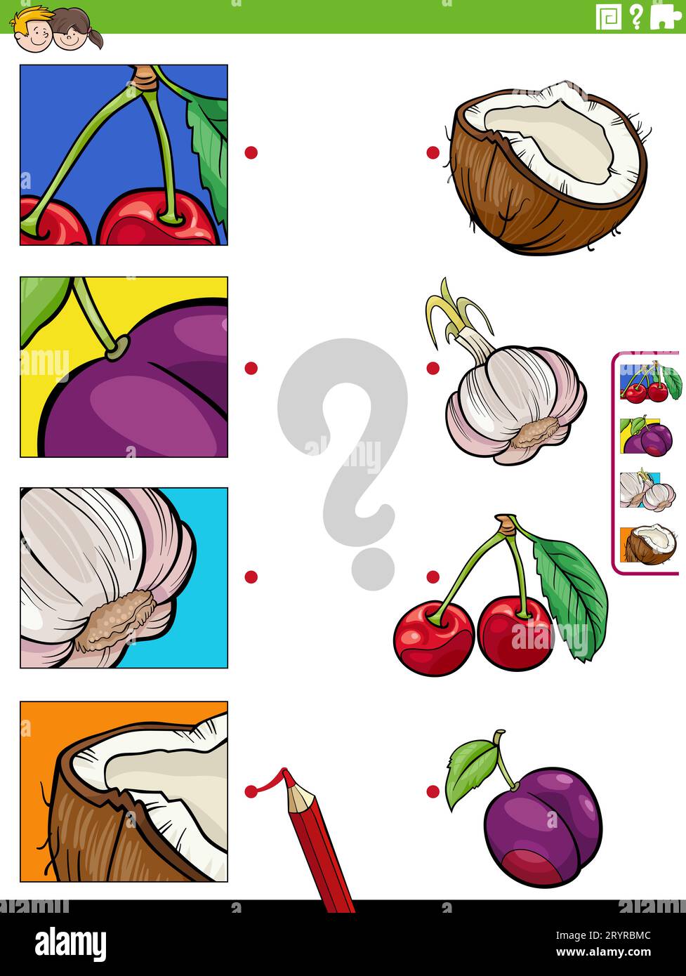 Cartoon illustration of educational matching task with fruit and ...