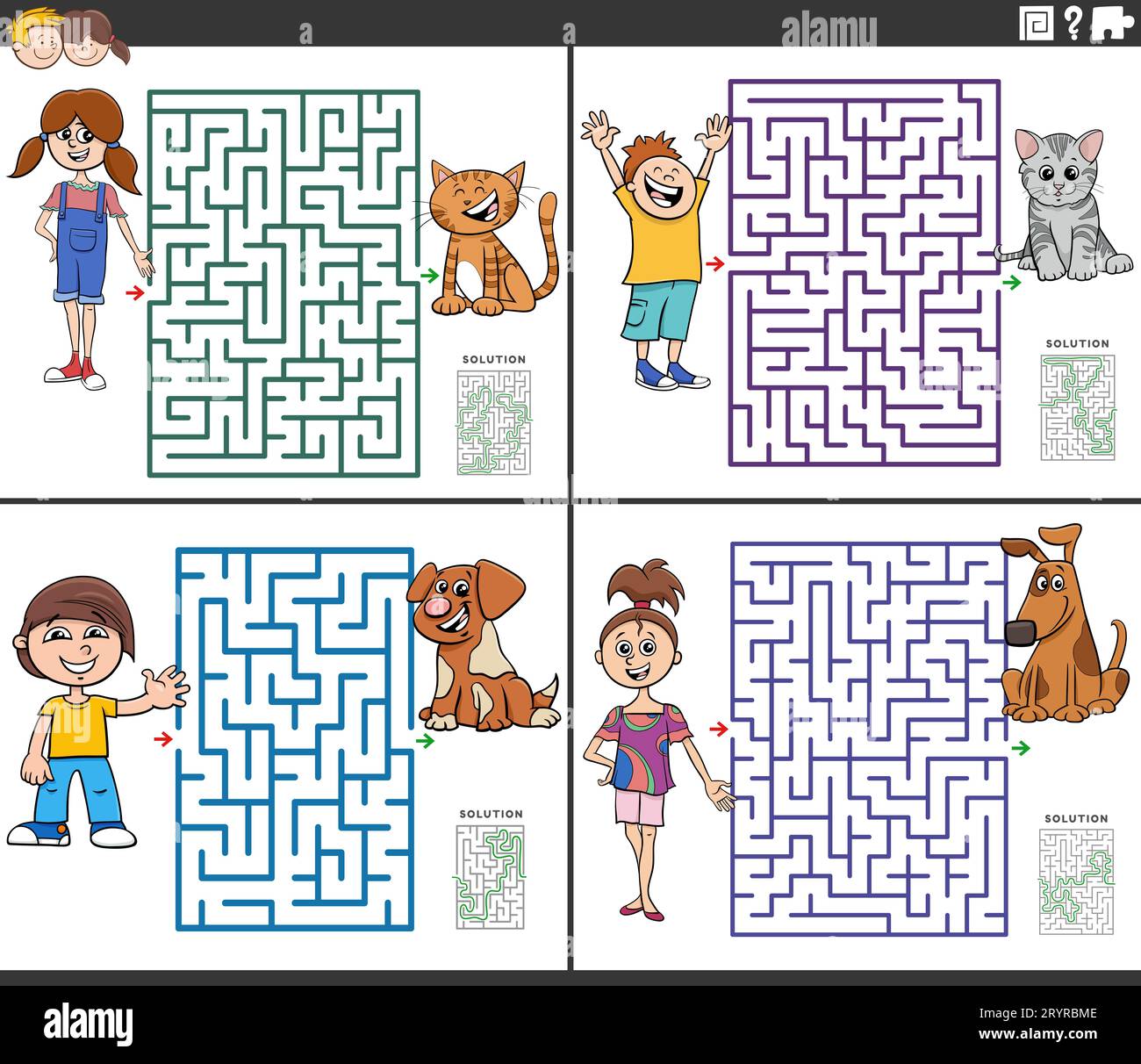 Cartoon illustration of educational maze puzzle activities set with ...