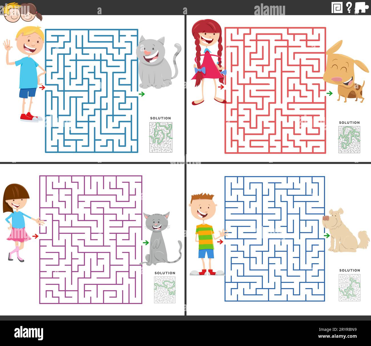 Cartoon illustration of educational maze puzzle activities set with ...