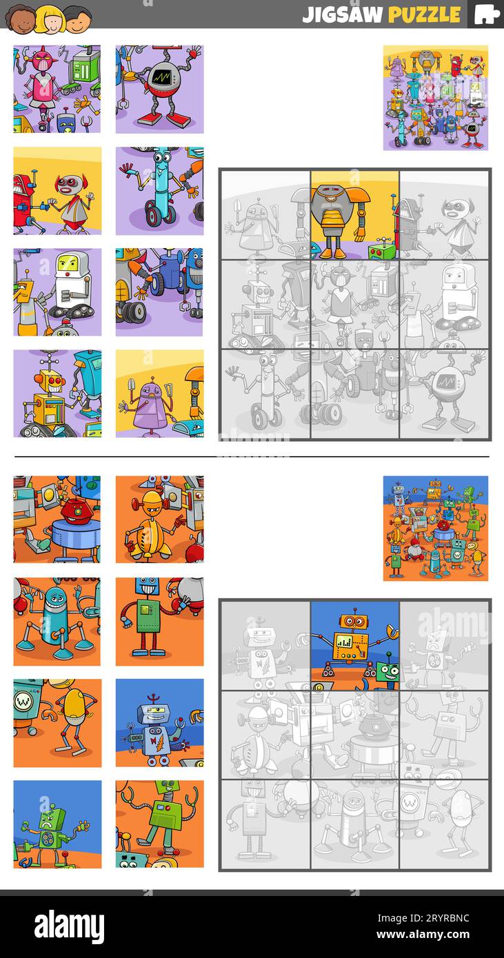 Cartoon illustration of educational jigsaw puzzle activities set with ...