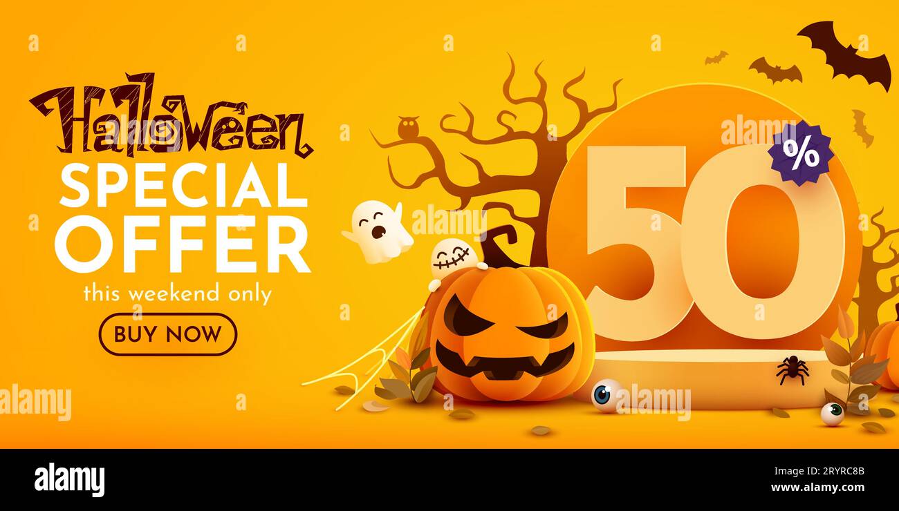 50 percents off. Halloween sale banner template. Podium and numbers ...