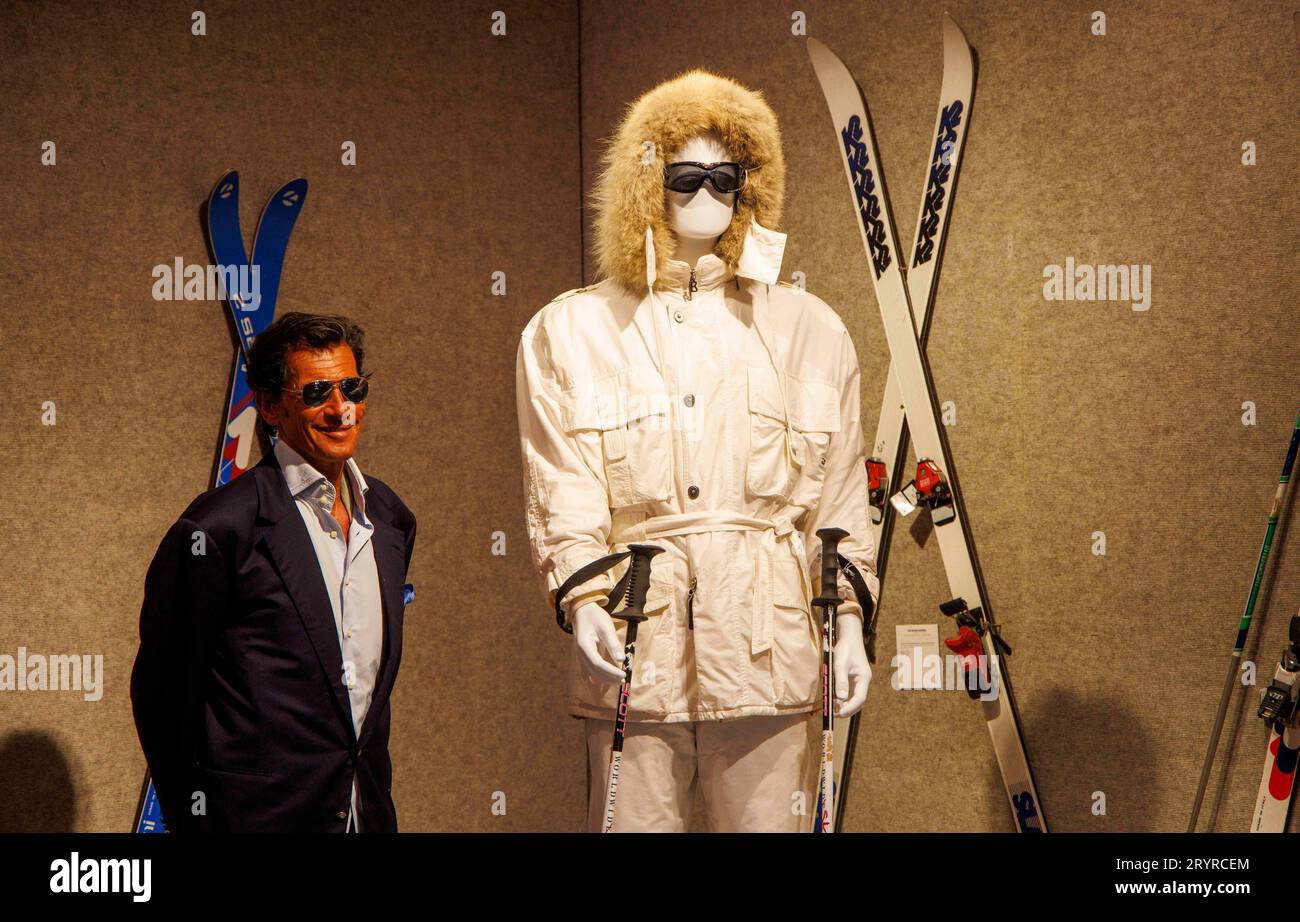 London, UK 2 Oct 2023 Roger MooreÕs son, Geoffrey, stands by a Bogner ...