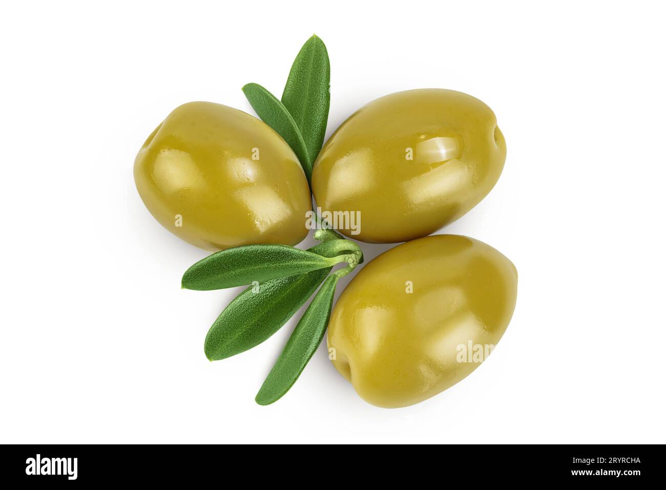 Green olives with leaves isolated on a white background with full depth ...