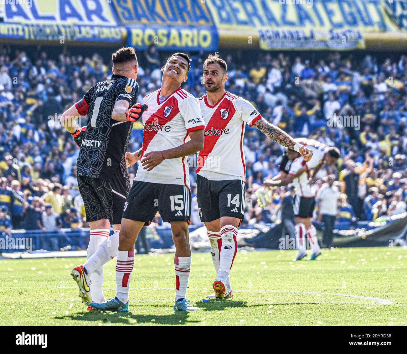 Buenos Aires, Argentina. 01st Oct, 2023. Franco Armani, Marcelo Herrera, and Leandro Gonzalez ...
