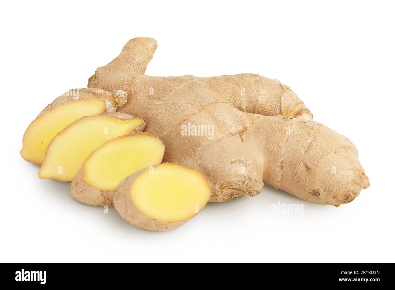 Fresh Ginger root and slices isolated on white background Stock Photo ...