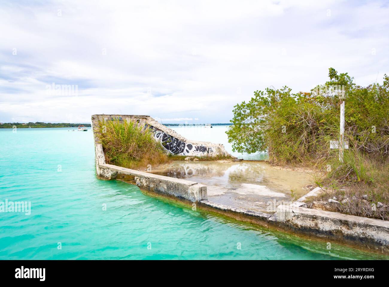 Bacalar, Quintana Roo, Mexico, Ruins of a restaurant designed as a ship ...