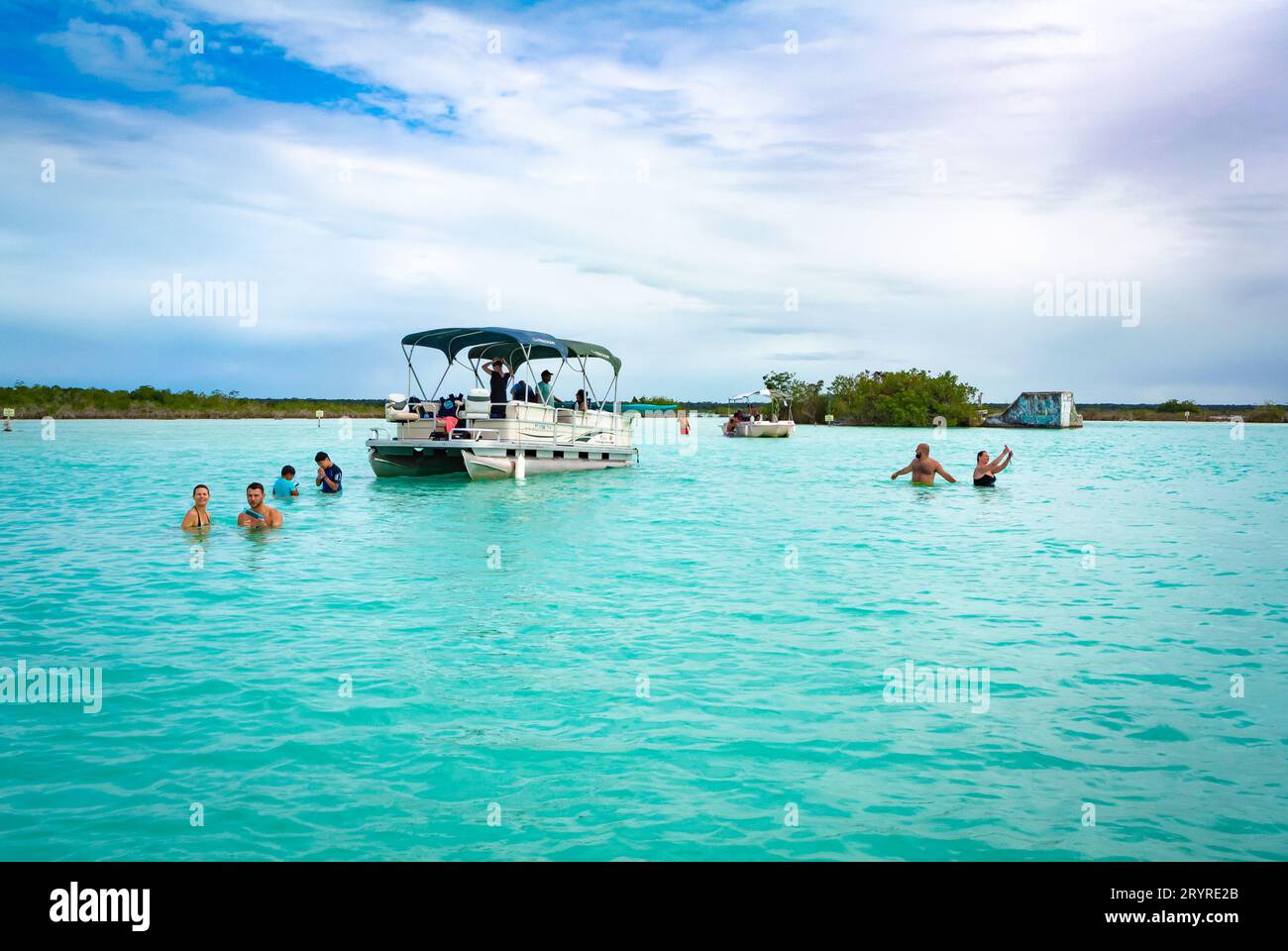 Bacalar, Quintana Roo, Mexico, Tourists doing an excursion in a lagune ...