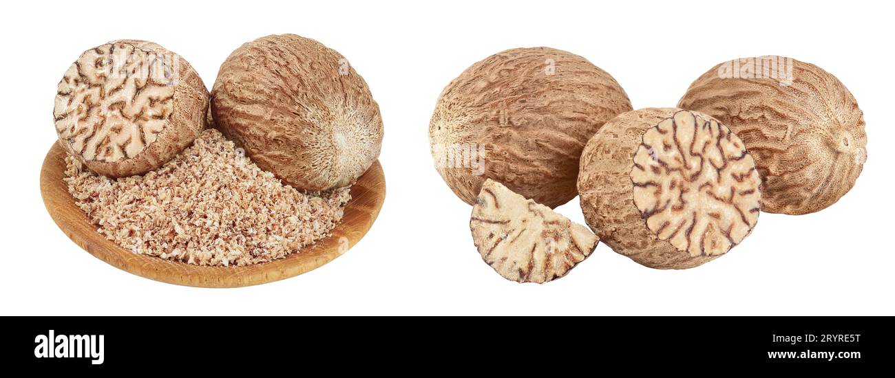 Whole and grated nutmeg in wooden bowl isolated on white background ...