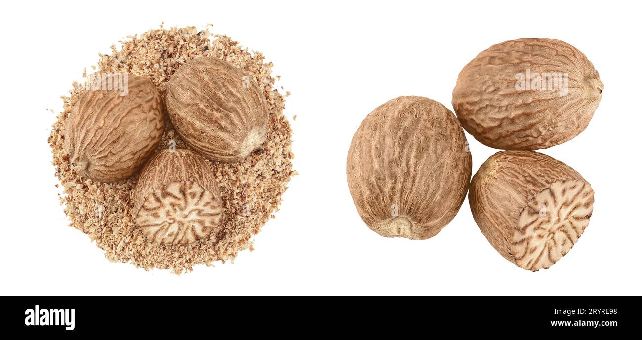 Whole and grated nutmeg isolated on white background with full depth of ...