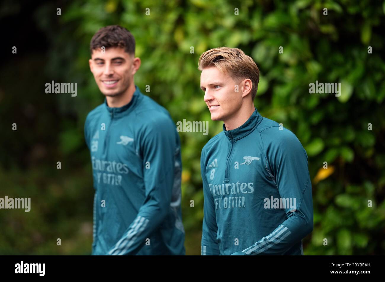 Arsenal's Martin Odegaard (right) and Kai Havertz during a training ...