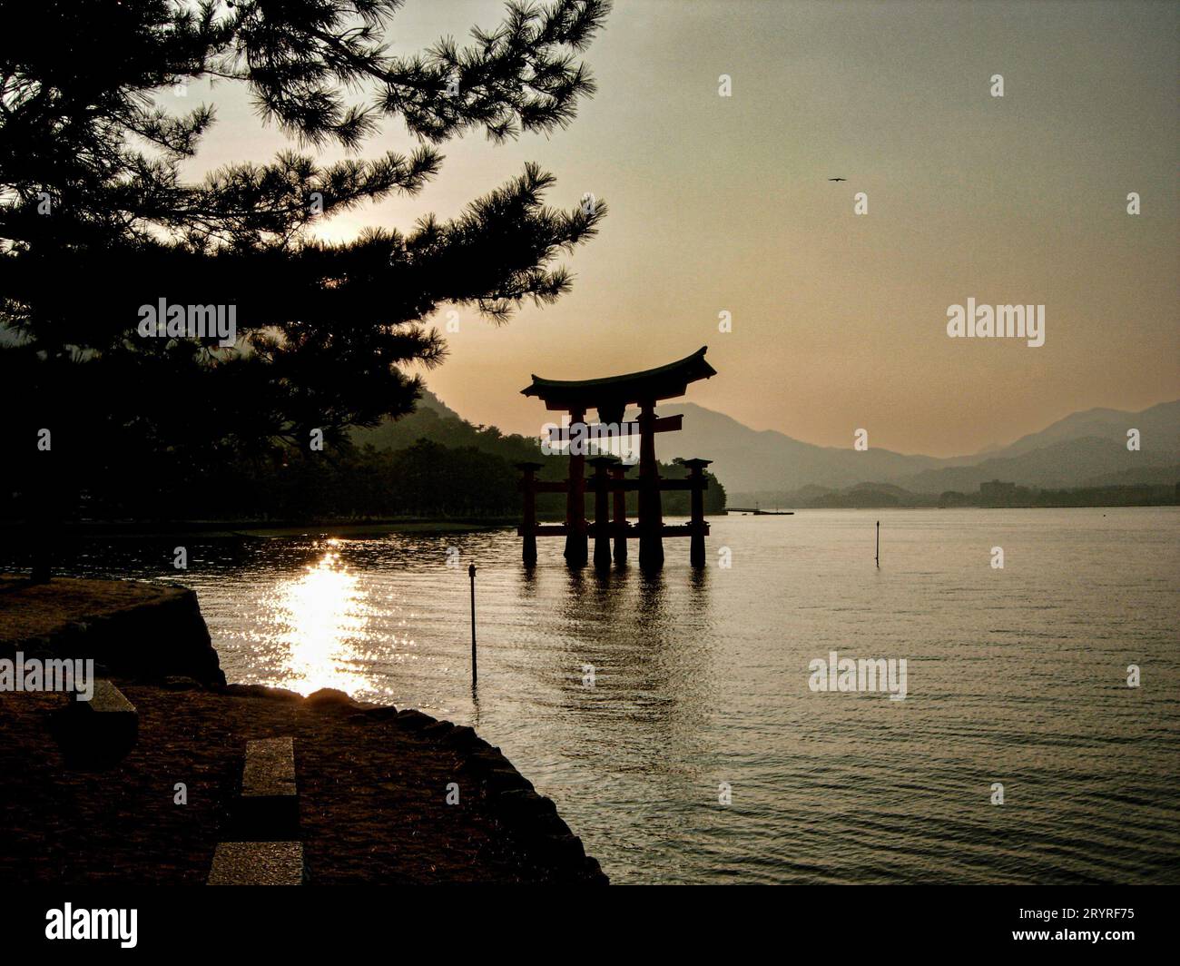 A traditional Japanese torii gate floating in a tranquil body of water ...