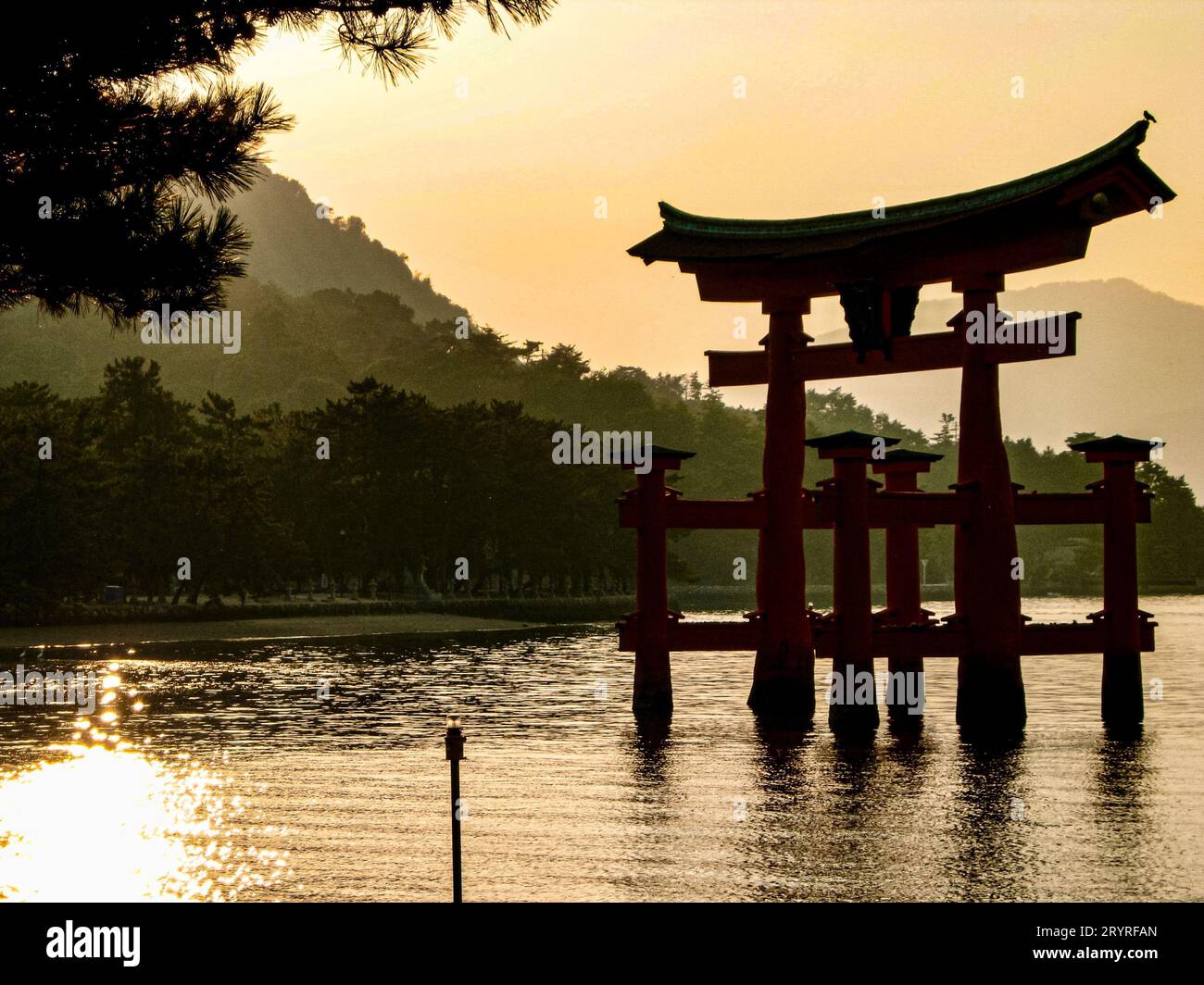 A traditional Japanese torii gate floating in a tranquil body of water ...