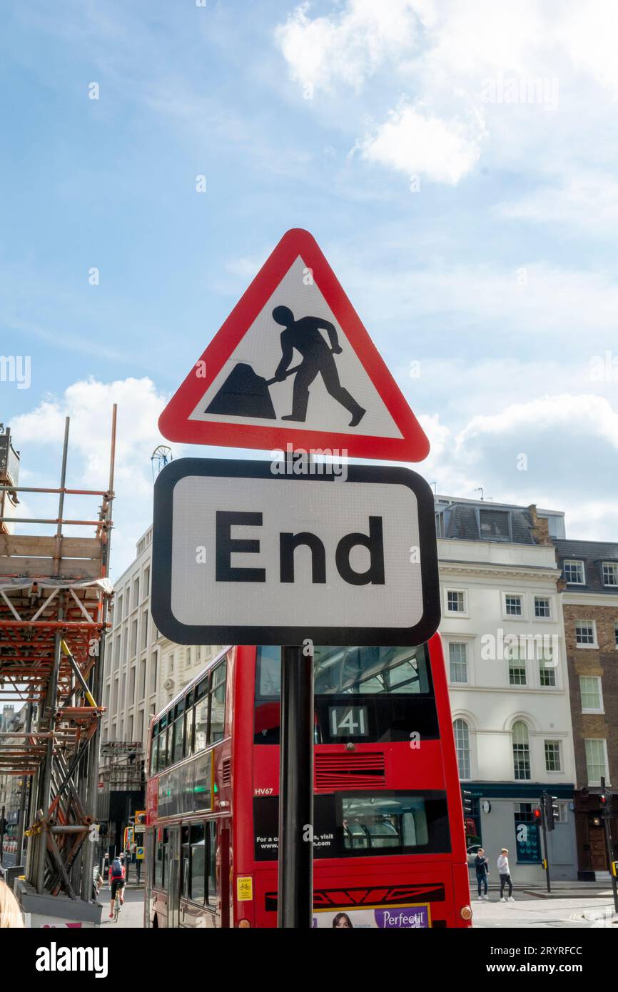 End of Road Works sign in London. Road sign, traffic sign Stock Photo ...