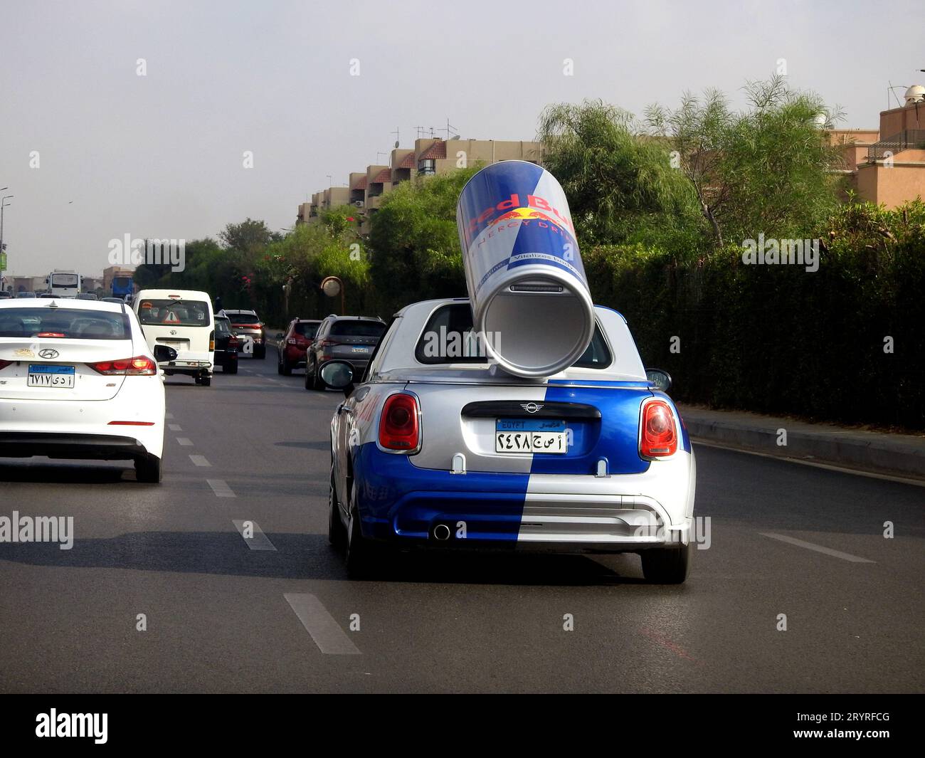 Cairo, Egypt, September 20 2023: a small MINI Cooper with a big Red ...