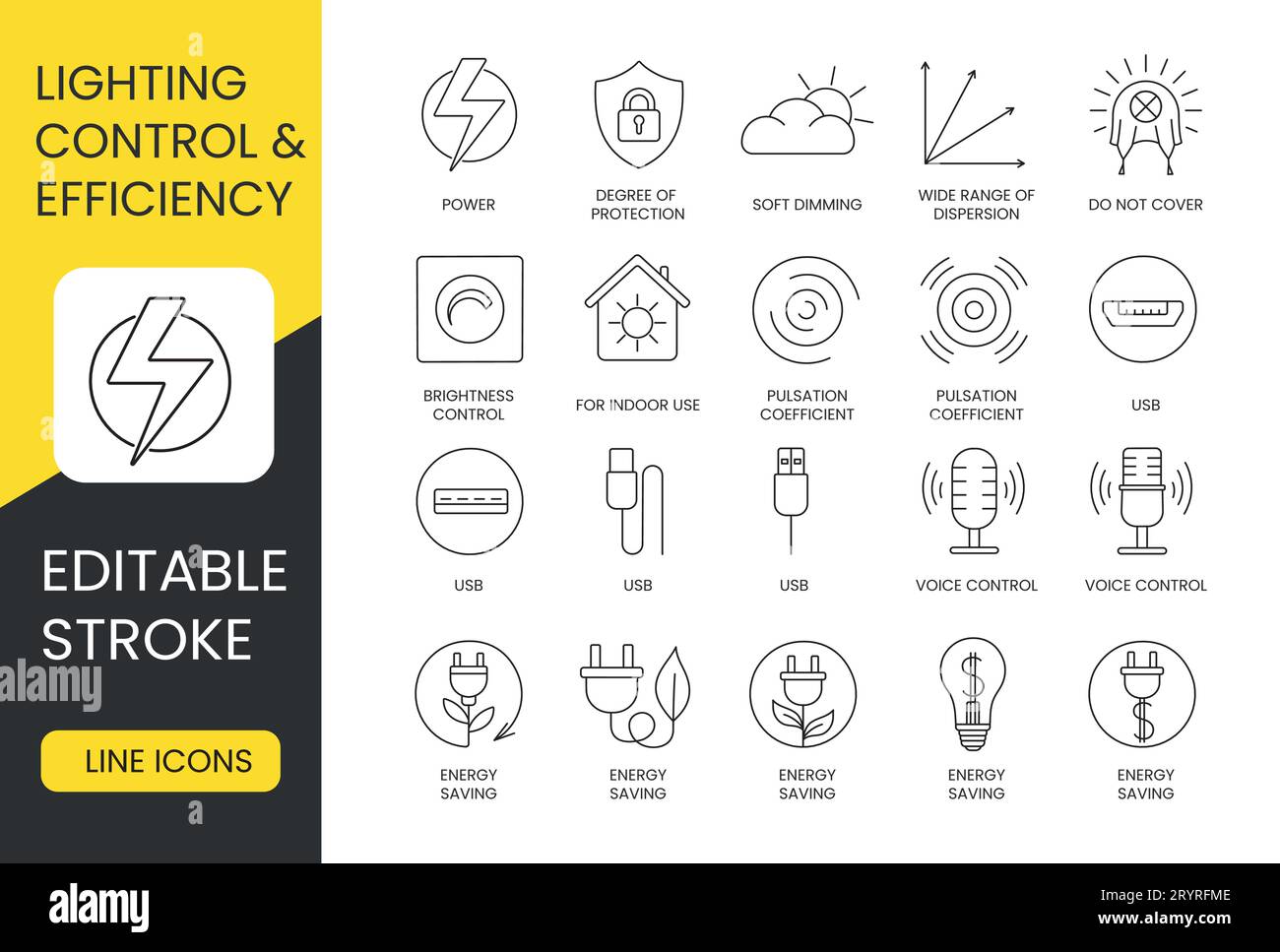 Efficient Lighting and Control Set of line icons in vector, editable ...