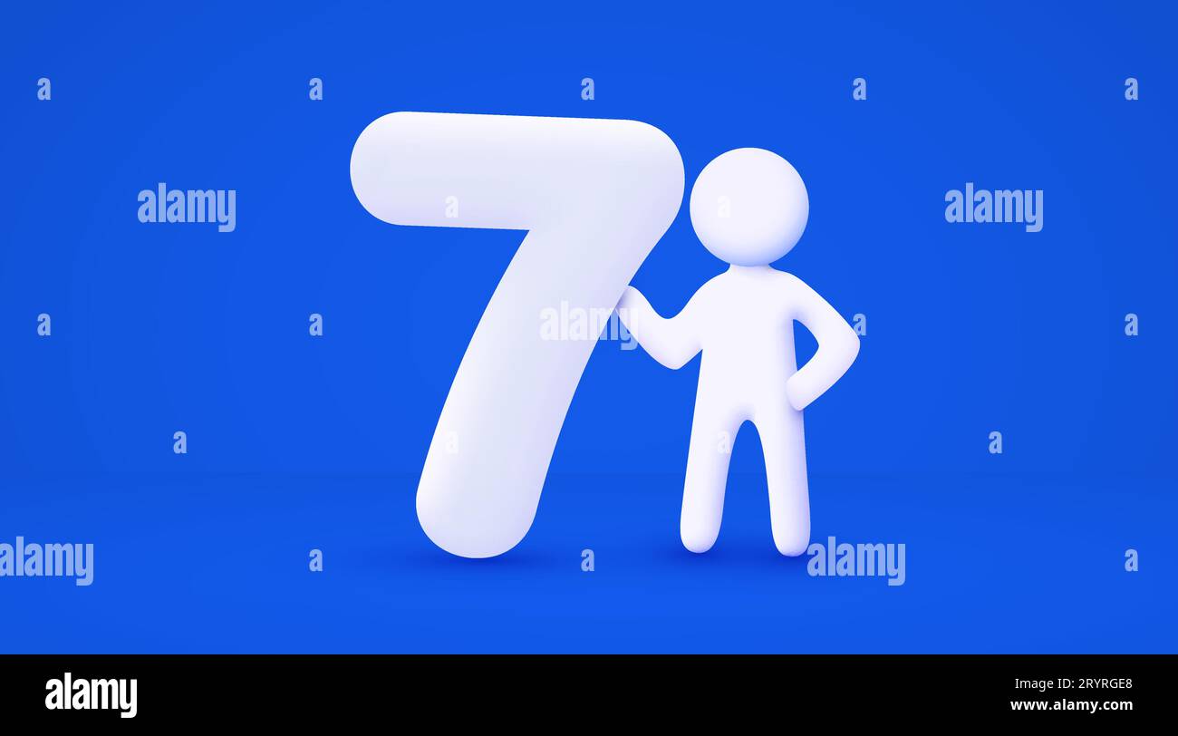 3d white cartoon man holding big number 7. Number Seven. Isolated blue ...