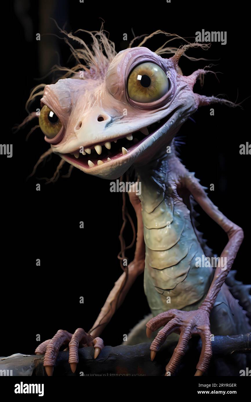 A whimsical creature with bright pink skin and large emerald green eyes ...