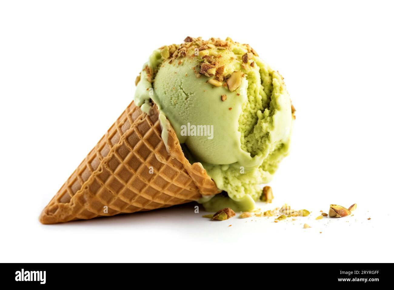 Pistachio ice cream cone on a white background Stock Photo - Alamy