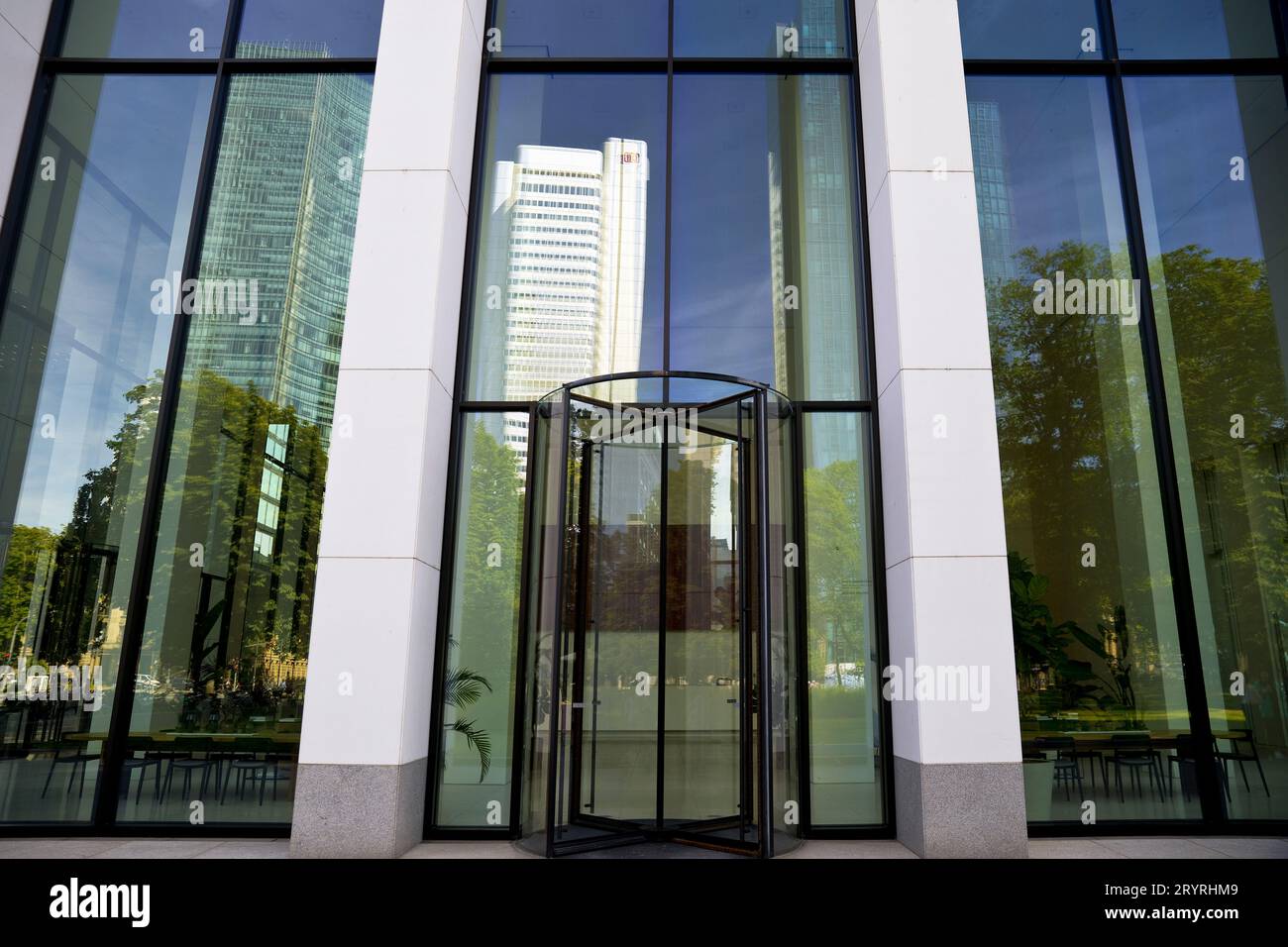 Reflection of the skyscrapers at the entrance to the Taunus Tower ...