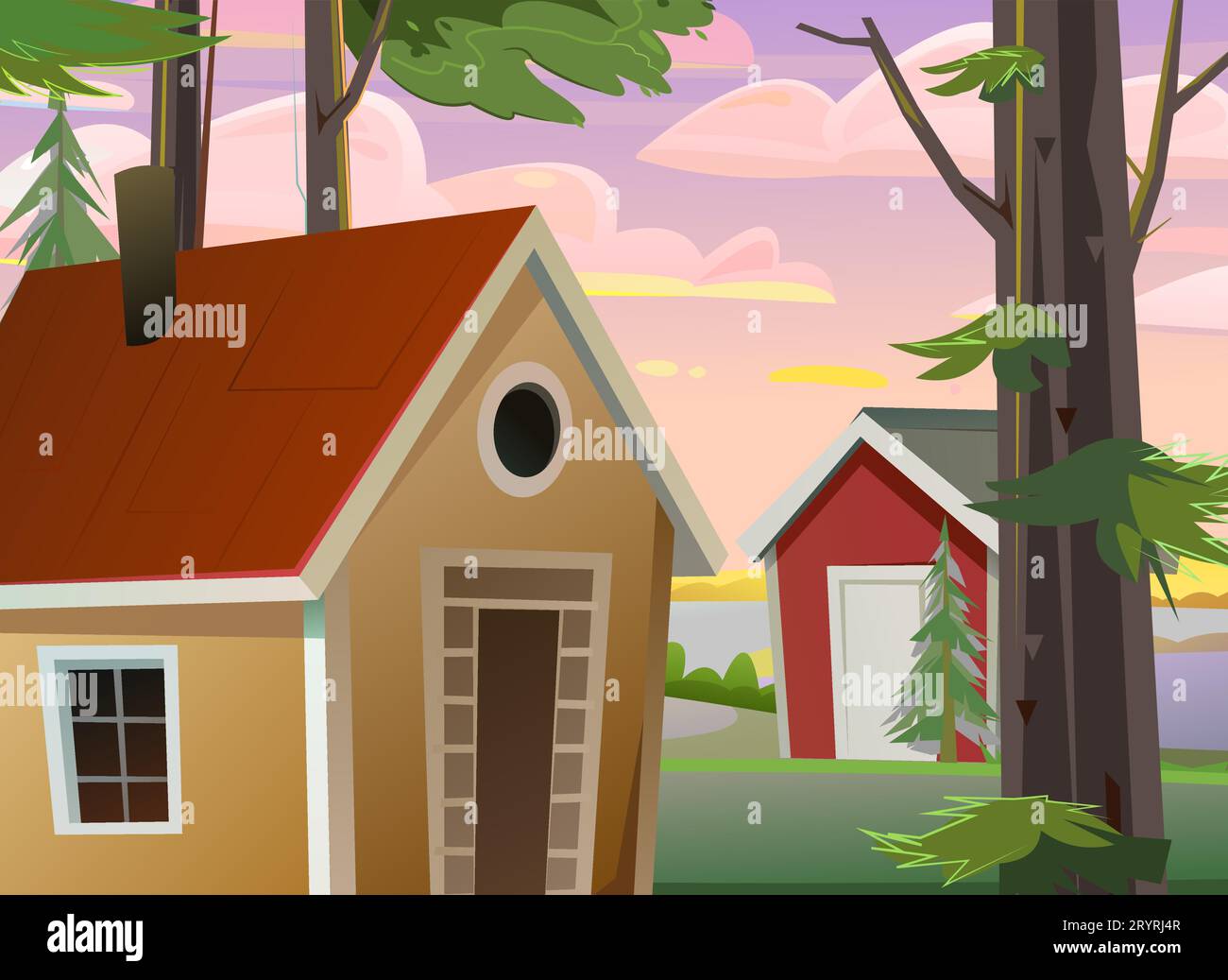 house beautiful. Small village in forest. Evening summer landscape. Fun ...