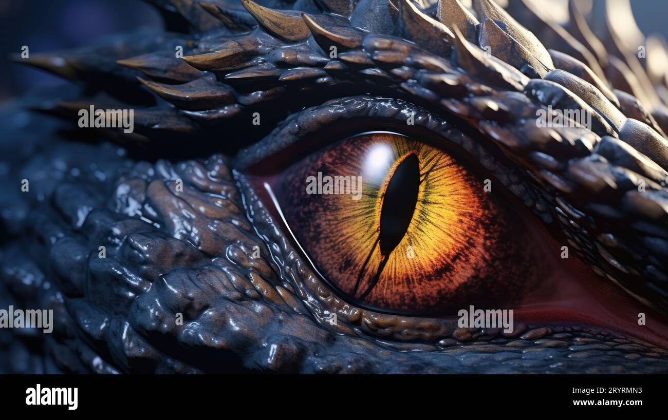 A close-up shot of a dragon eye with intricate metal framework and gold ...