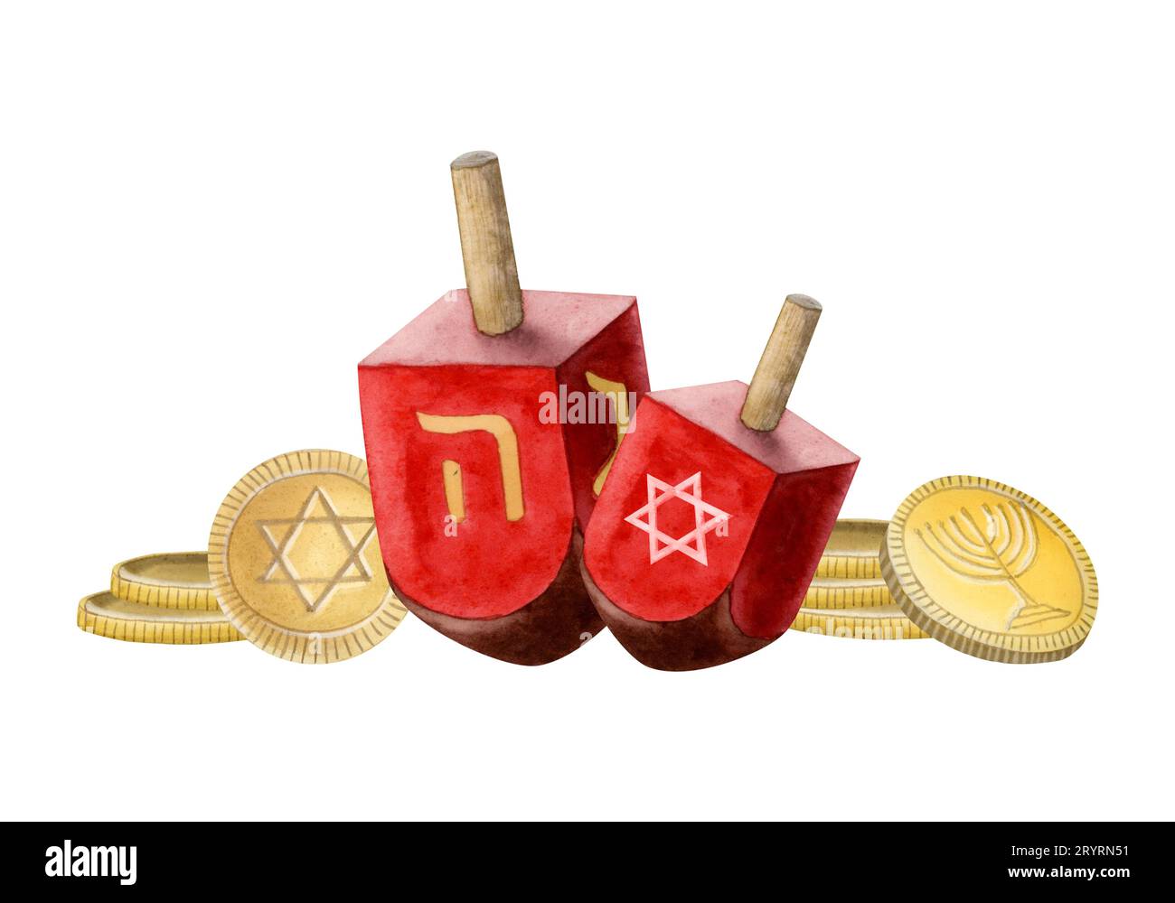 Hanukkah holiday symbols, red dreidels and gold coins gelt watercolor ...