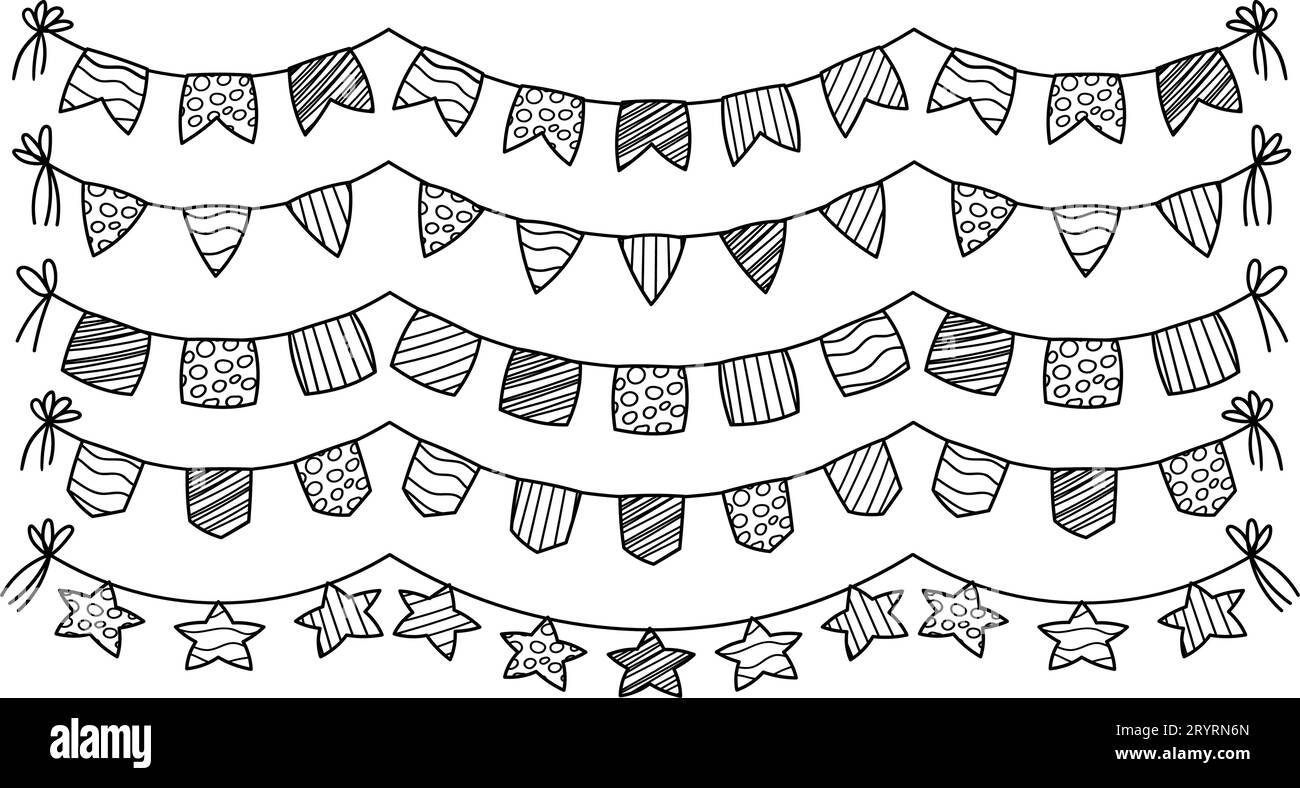 Vector Set of Hand-Drawn Bunting Flags. Doodle Garland with lines, waves line, Polka Dots ...