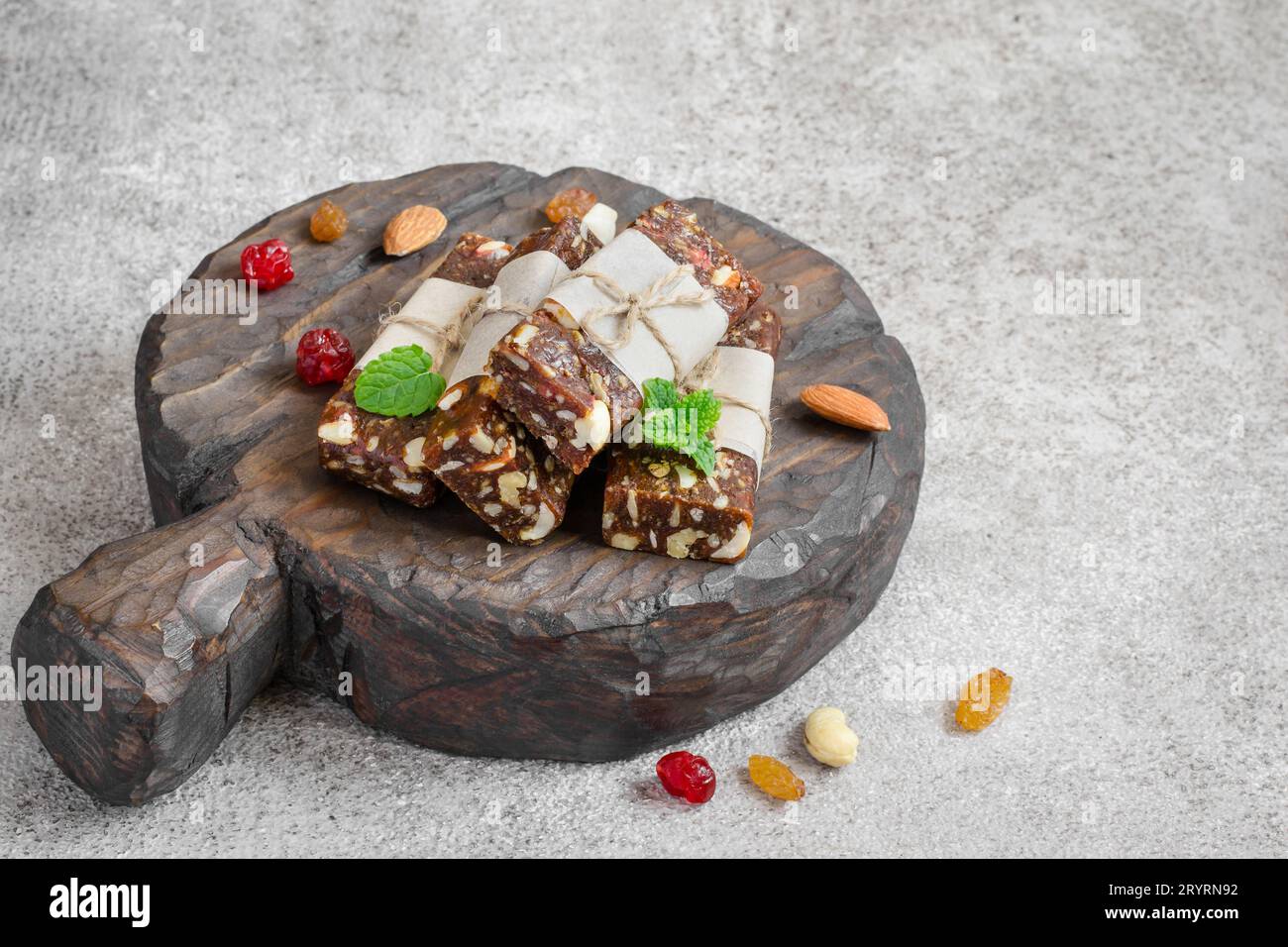 Healthy snack bars of dried fruits and nuts on gray background Stock ...