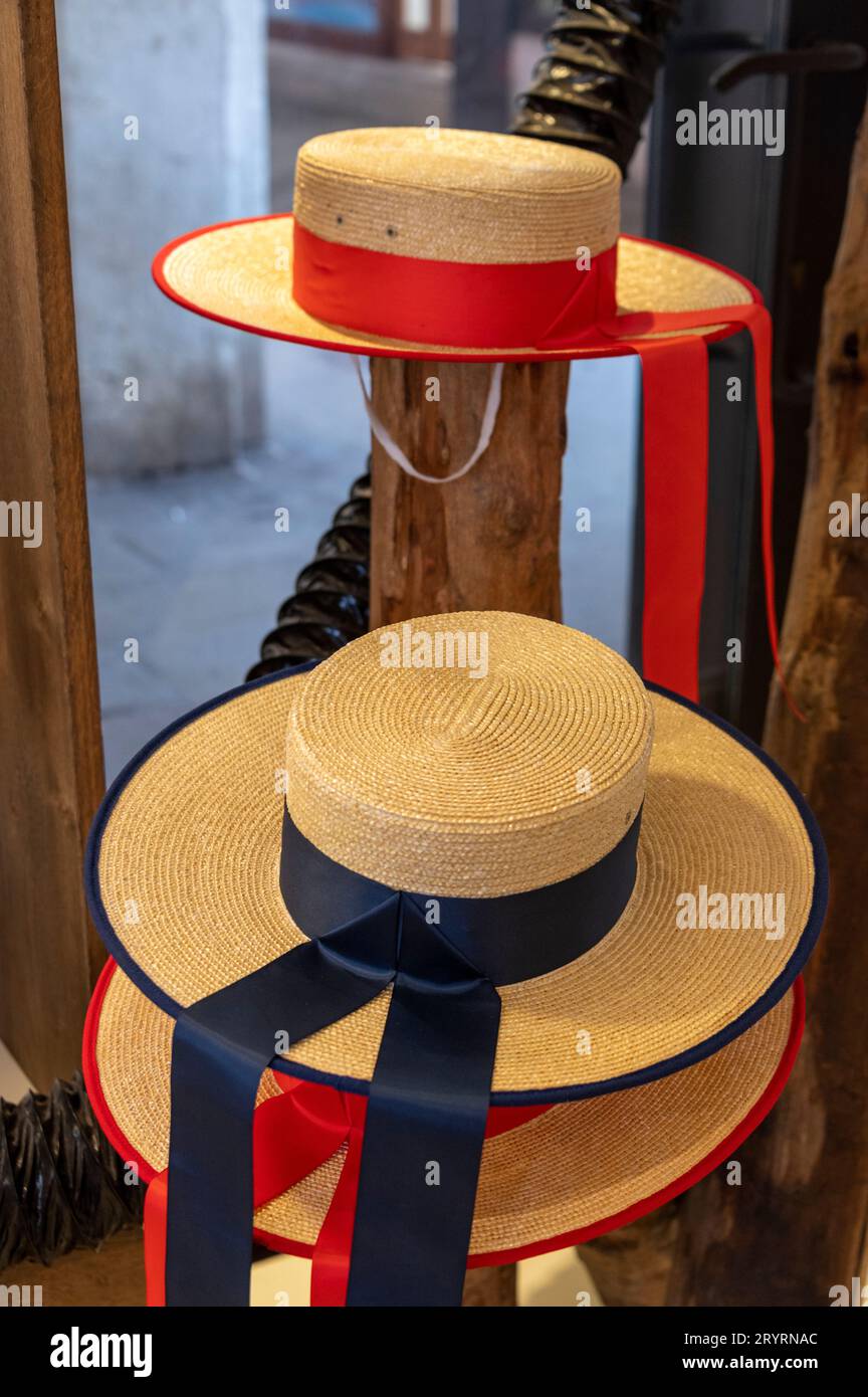 A display of traditional gondolier boater straw hats (canotier) on sale ...